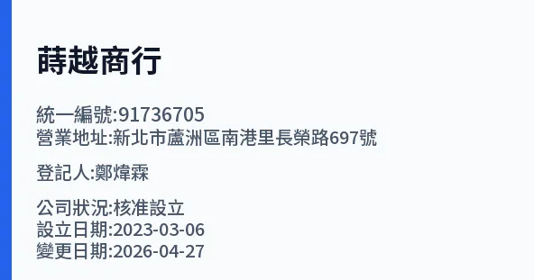 蒔越商行的照片-統編 91736705(新北市) 公司登記資料與營業項目詳細圖表