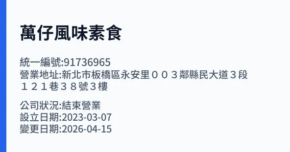 萬仔風味素食 - 統編 91736965(新北市) 公司登記資料與營業項目詳細圖表