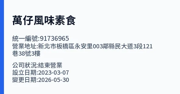 萬仔風味素食的照片-統編 91736965(新北市) 公司登記資料與營業項目詳細圖表