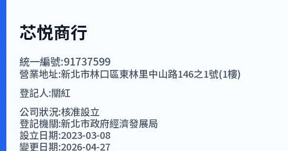 芯悦商行的照片-統編 91737599(新北市) 公司登記資料與營業項目詳細圖表