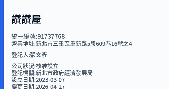 讚讚屋的照片-統編 91737768(新北市) 公司登記資料與營業項目詳細圖表