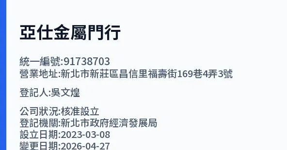 亞仕金屬門行的照片-統編 91738703(新北市) 公司登記資料與營業項目詳細圖表