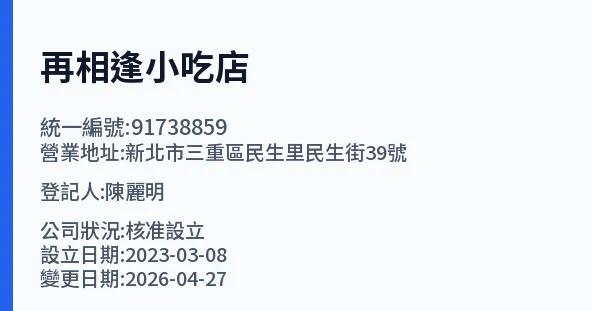 再相逢小吃店的照片-統編 91738859(新北市) 公司登記資料與營業項目詳細圖表