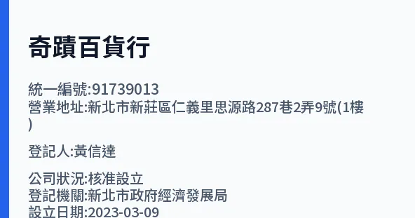 奇蹟百貨行的照片-統編 91739013(新北市) 公司登記資料與營業項目詳細圖表