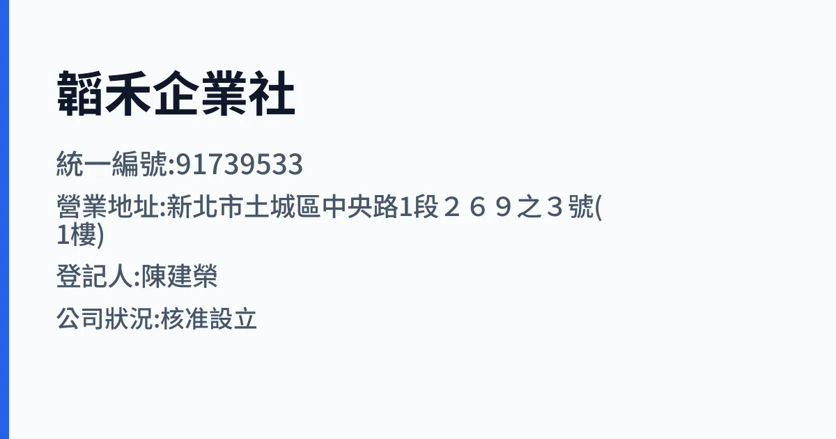 韜禾企業社 - 統編 91739533(新北市) 公司登記資料與營業項目詳細圖表