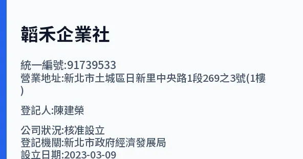 韜禾企業社的照片-統編 91739533(新北市) 公司登記資料與營業項目詳細圖表
