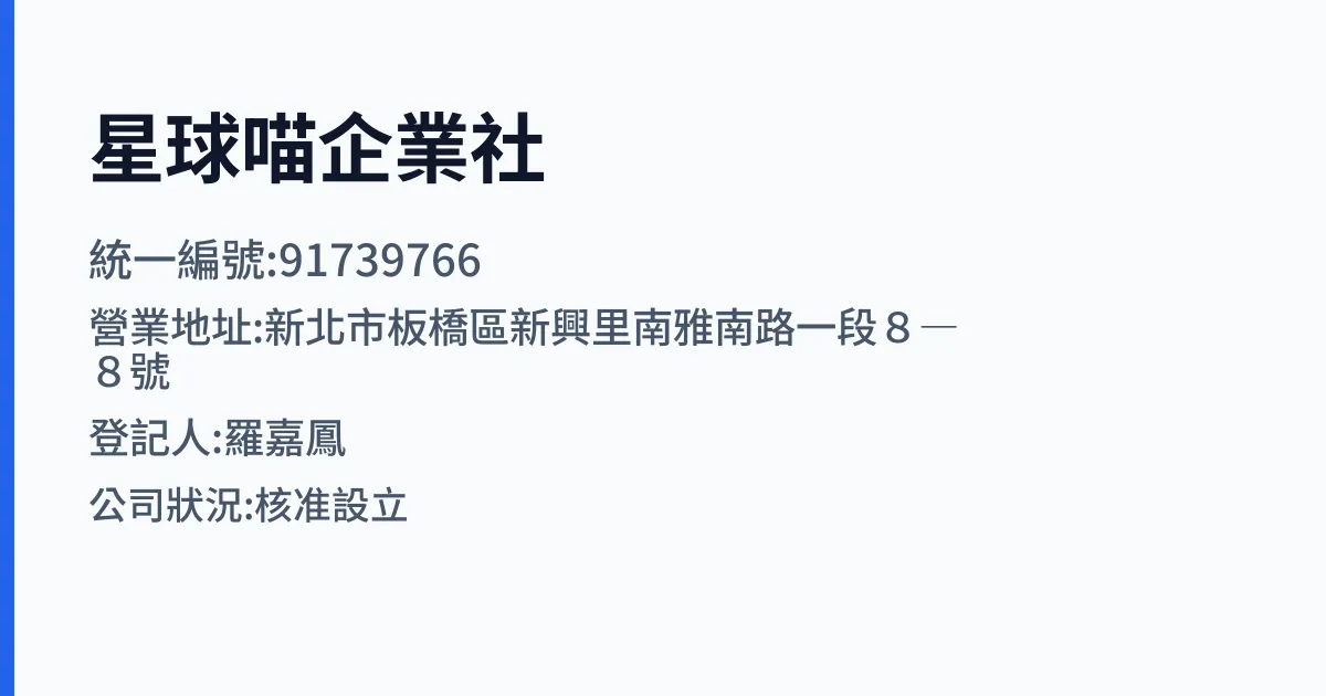 星球喵企業社 - 統編 91739766(新北市) 公司登記資料與營業項目詳細圖表