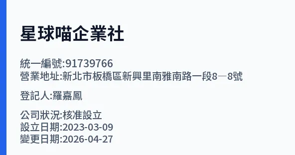 星球喵企業社的照片-統編 91739766(新北市) 公司登記資料與營業項目詳細圖表