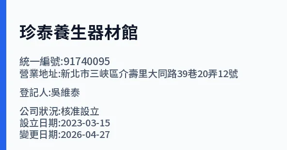 珍泰養生器材館的照片-統編 91740095(新北市) 公司登記資料與營業項目詳細圖表