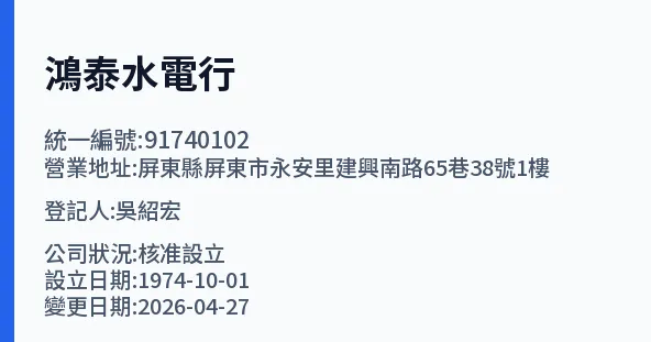 鴻泰水電行的照片-統編 91740102(屏東縣) 公司登記資料與營業項目詳細圖表