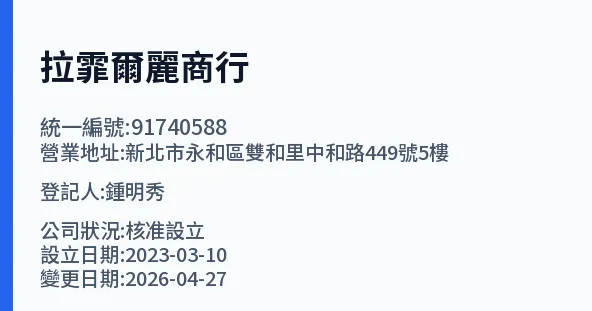 拉霏爾麗商行的照片-統編 91740588(新北市) 公司登記資料與營業項目詳細圖表