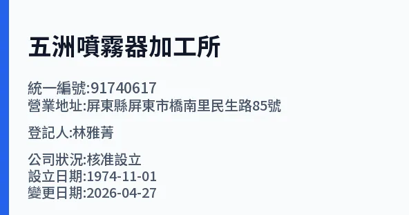 五洲噴霧器加工所的照片-統編 91740617(屏東縣) 公司登記資料與營業項目詳細圖表