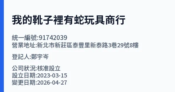 我的靴子裡有蛇玩具商行的照片-統編 91742039(新北市) 公司登記資料與營業項目詳細圖表