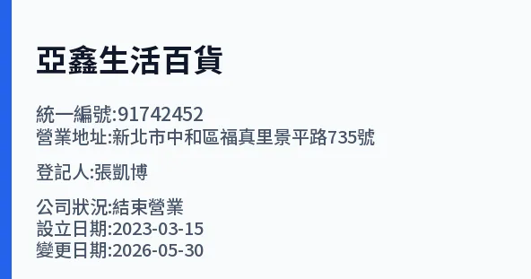 亞鑫生活百貨的照片-統編 91742452(新北市) 公司登記資料與營業項目詳細圖表