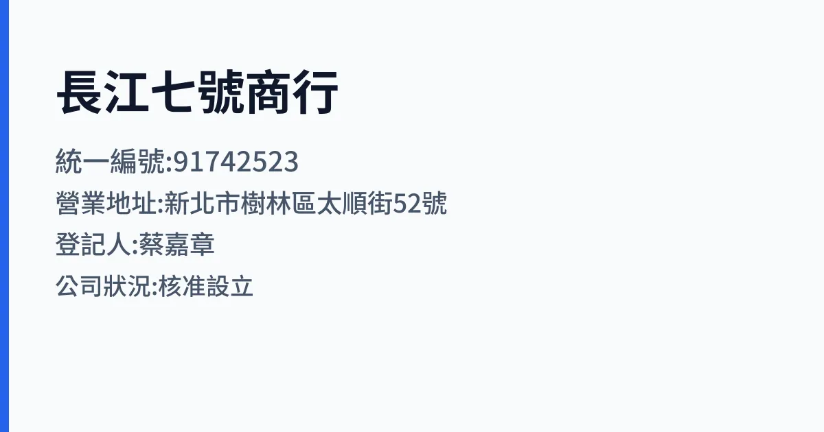 長江七號商行 - 統編 91742523(新北市) 公司登記資料與營業項目詳細圖表