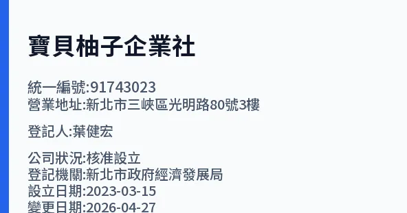寶貝柚子企業社的照片-統編 91743023(新北市) 公司登記資料與營業項目詳細圖表