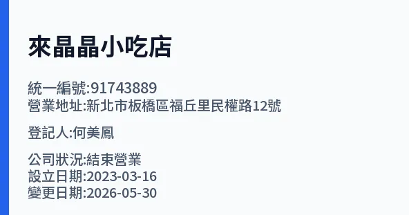 來晶晶小吃店的照片-統編 91743889(新北市) 公司登記資料與營業項目詳細圖表