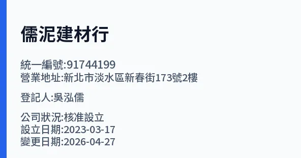 儒泥建材行的照片-統編 91744199(新北市) 公司登記資料與營業項目詳細圖表
