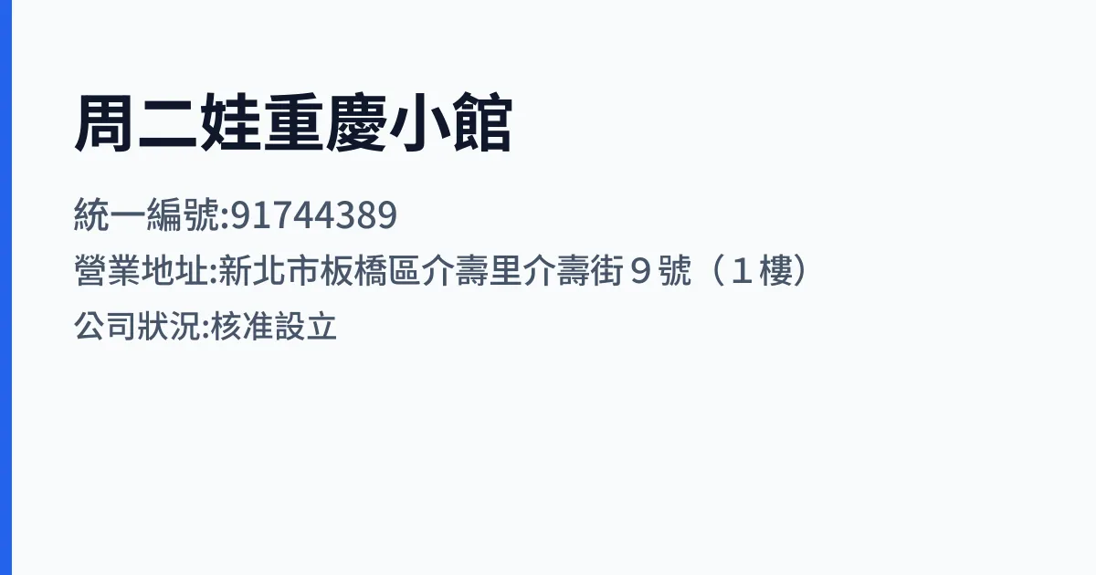 周二娃重慶小館 - 統編 91744389(新北市) 公司登記資料與營業項目詳細圖表