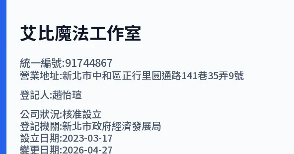 艾比魔法工作室的照片-統編 91744867(新北市) 公司登記資料與營業項目詳細圖表