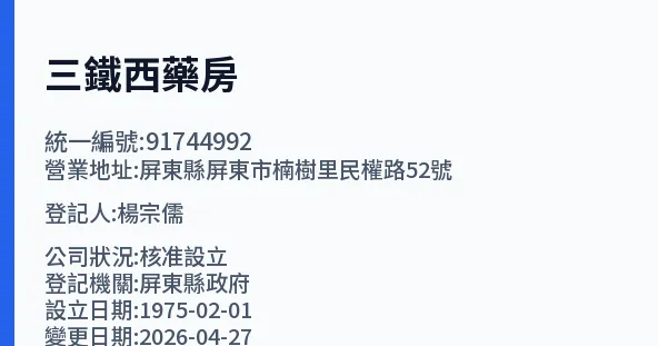 三鐵西藥房的照片-統編 91744992(屏東縣) 公司登記資料與營業項目詳細圖表
