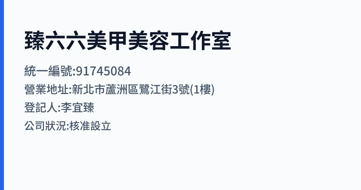 臻六六美甲美容工作室 - 統編 91745084(新北市) 公司登記資料與營業項目詳細圖表