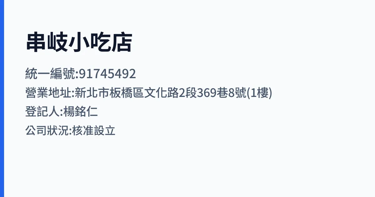 串岐小吃店 - 統編 91745492(新北市) 公司登記資料與營業項目詳細圖表
