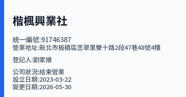 楷楓興業社的照片-統編 91746387(新北市) 公司登記資料與營業項目詳細圖表