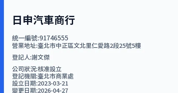 日申汽車商行的照片-統編 91746555(臺北市) 公司登記資料與營業項目詳細圖表