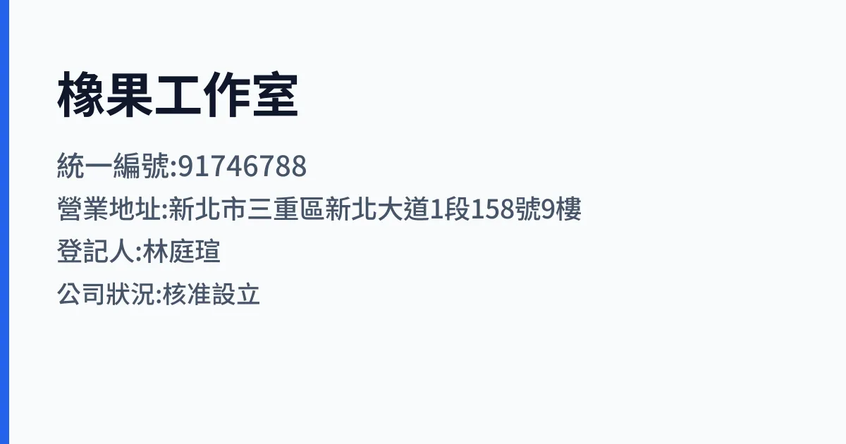 橡果工作室 - 統編 91746788(新北市) 公司登記資料與營業項目詳細圖表
