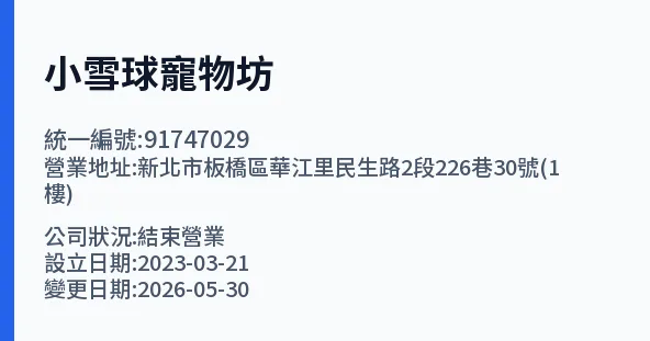 小雪球寵物坊的照片-統編 91747029(新北市) 公司登記資料與營業項目詳細圖表