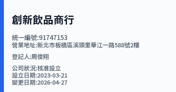 創新飲品商行的照片-統編 91747153(新北市) 公司登記資料與營業項目詳細圖表