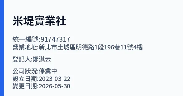 米堤實業社的照片-統編 91747317(新北市) 公司登記資料與營業項目詳細圖表
