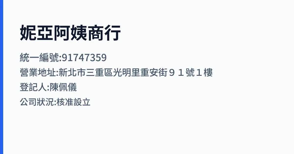 妮亞阿姨商行 - 統編 91747359(新北市) 公司登記資料與營業項目詳細圖表