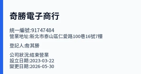 奇勝電子商行的照片-統編 91747484(新北市) 公司登記資料與營業項目詳細圖表