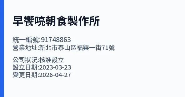早饗喨朝食製作所的照片-統編 91748863(新北市) 公司登記資料與營業項目詳細圖表