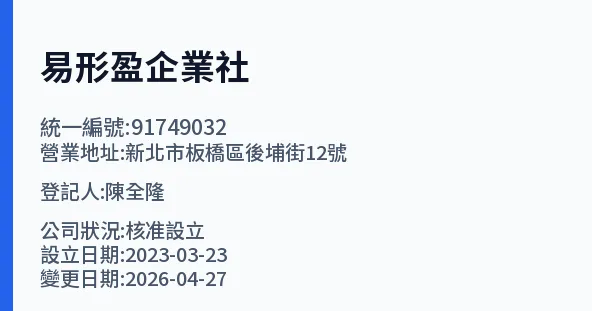 易形盈企業社的照片-統編 91749032(新北市) 公司登記資料與營業項目詳細圖表