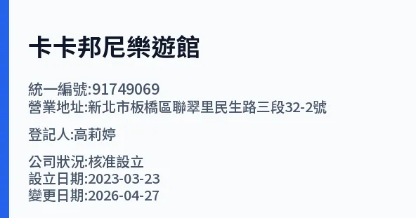 卡卡邦尼樂遊館的照片-統編 91749069(新北市) 公司登記資料與營業項目詳細圖表