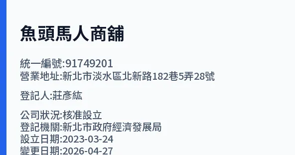 魚頭馬人商舖的照片-統編 91749201(新北市) 公司登記資料與營業項目詳細圖表