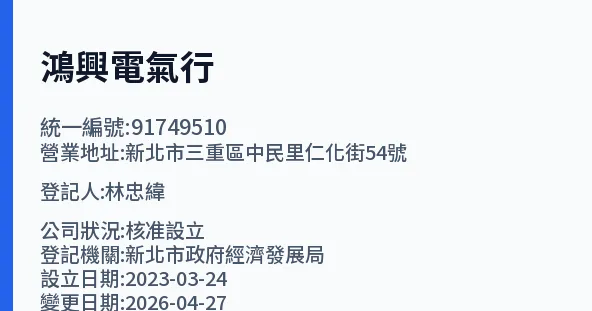 鴻興電氣行的照片-統編 91749510(新北市) 公司登記資料與營業項目詳細圖表