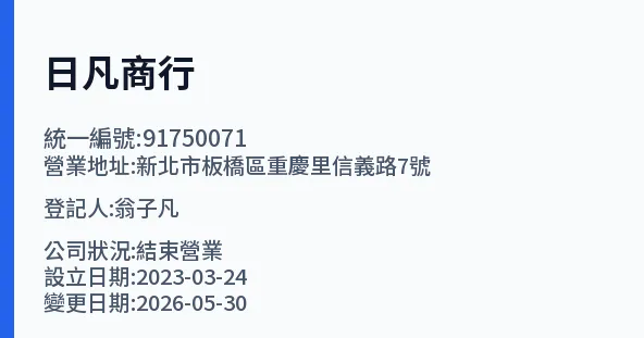 日凡商行的照片-統編 91750071(新北市) 公司登記資料與營業項目詳細圖表