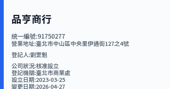 品亨商行的照片-統編 91750277(臺北市) 公司登記資料與營業項目詳細圖表
