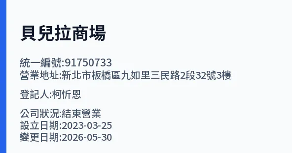 貝兒拉商場的照片-統編 91750733(新北市) 公司登記資料與營業項目詳細圖表