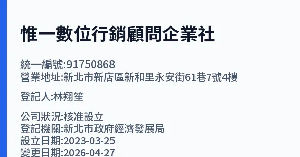 惟一數位行銷顧問企業社的照片-統編 91750868(新北市) 公司登記資料與營業項目詳細圖表