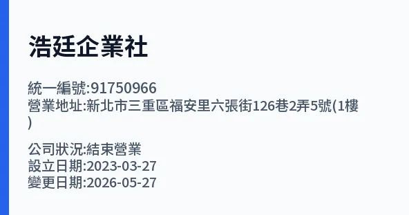 浩廷企業社的照片-統編 91750966(新北市) 公司登記資料與營業項目詳細圖表