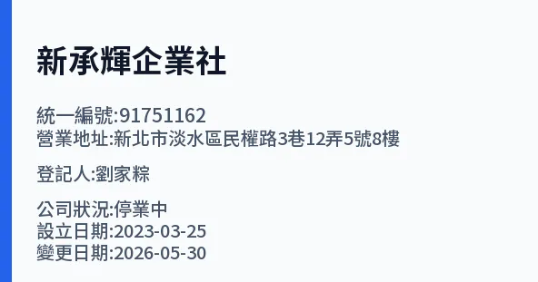 新承輝企業社的照片-統編 91751162(新北市) 公司登記資料與營業項目詳細圖表