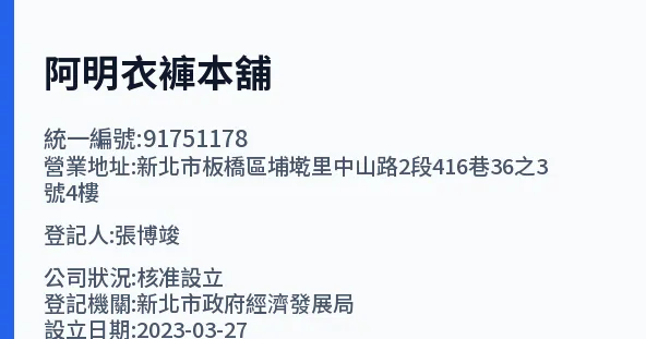 阿明衣褲本舖的照片-統編 91751178(新北市) 公司登記資料與營業項目詳細圖表