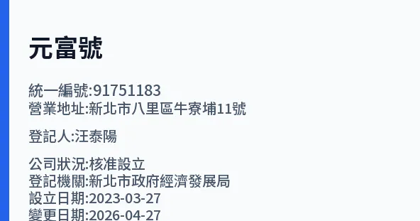 元富號的照片-統編 91751183(新北市) 公司登記資料與營業項目詳細圖表
