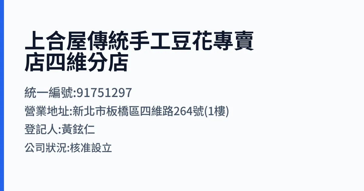 上合屋傳統手工豆花專賣店四維分店 - 統編 91751297(新北市) 公司登記資料與營業項目詳細圖表