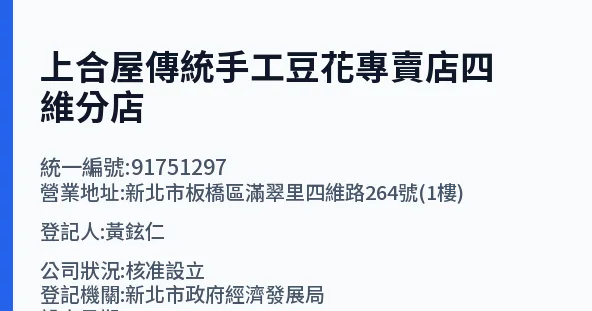 上合屋傳統手工豆花專賣店四維分店的照片-統編 91751297(新北市) 公司登記資料與營業項目詳細圖表